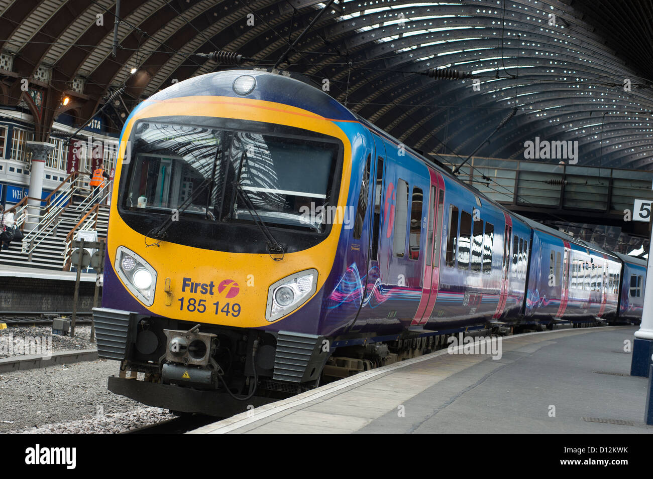 First Transpennine Express Class 185 passenger train waiting at a ...