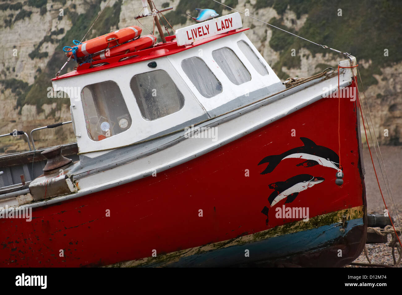 Lively Lady fishing boat on beach at Beer, East Devon in November Stock ...