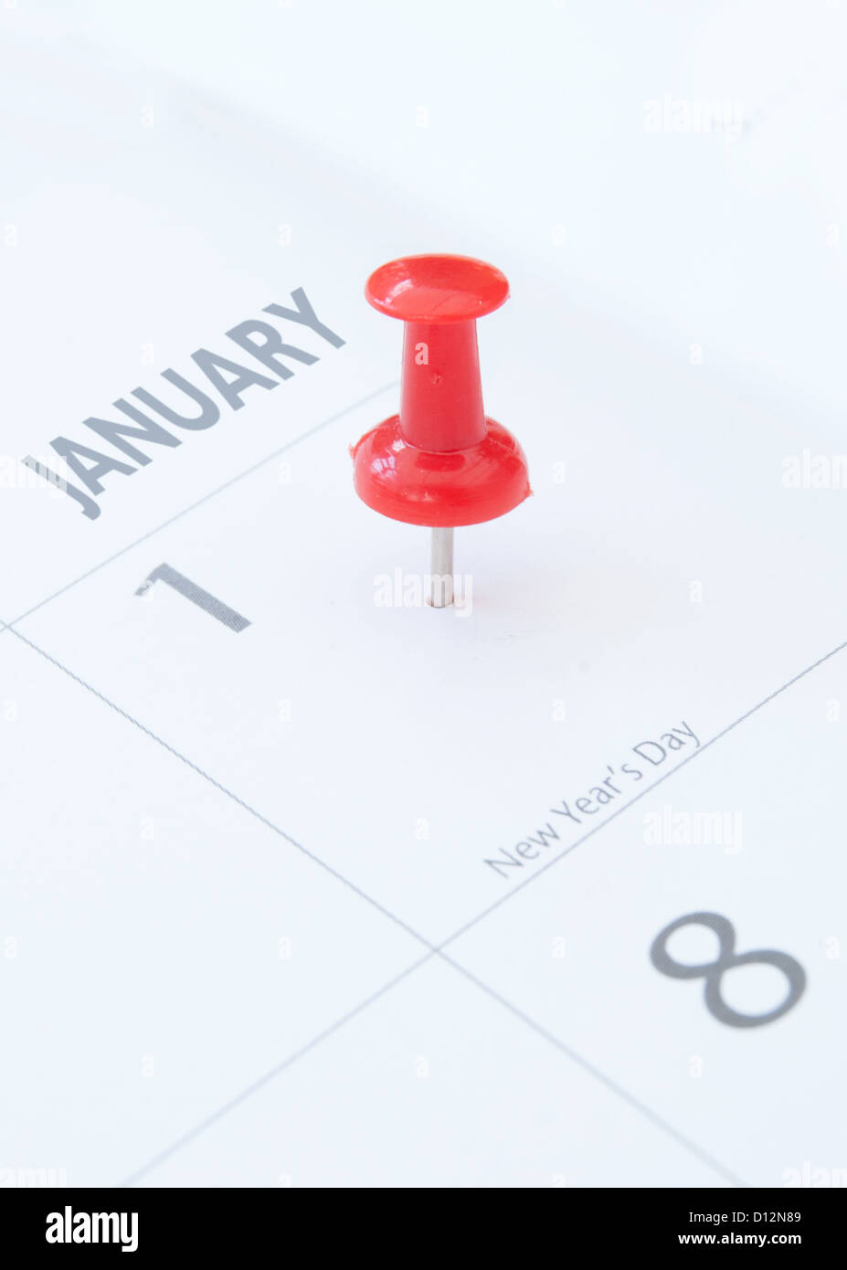 Push pin on the 1st of January calendar date entry Stock Photo - Alamy