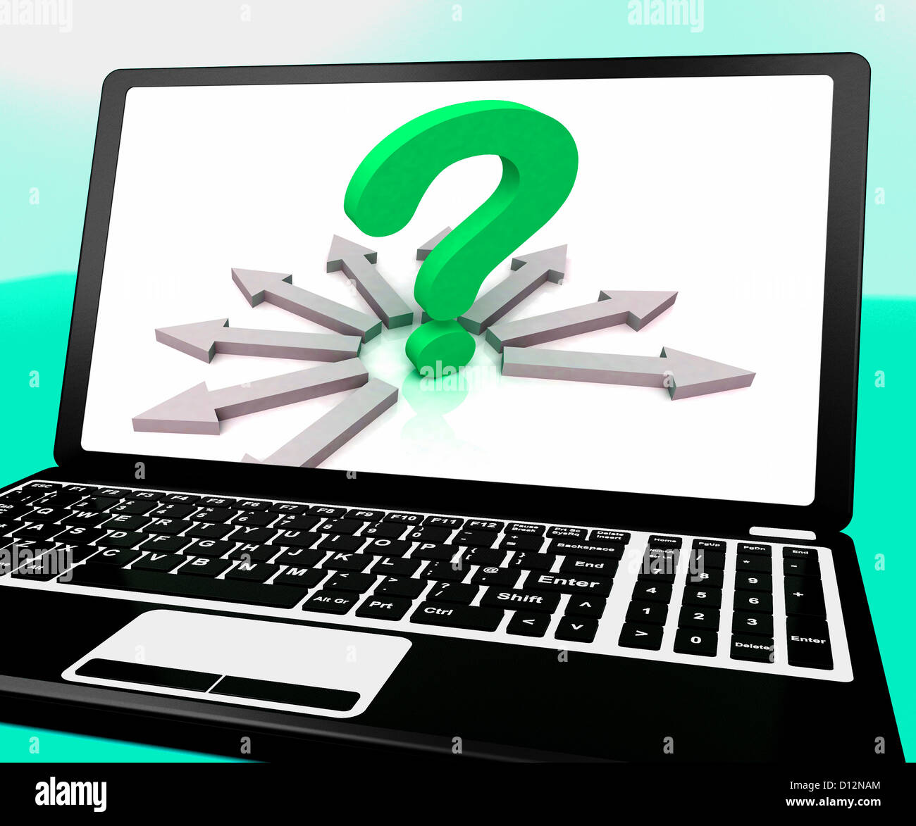 Question Mark On Laptop Shows Different Enquiries And FAQ Stock Photo ...