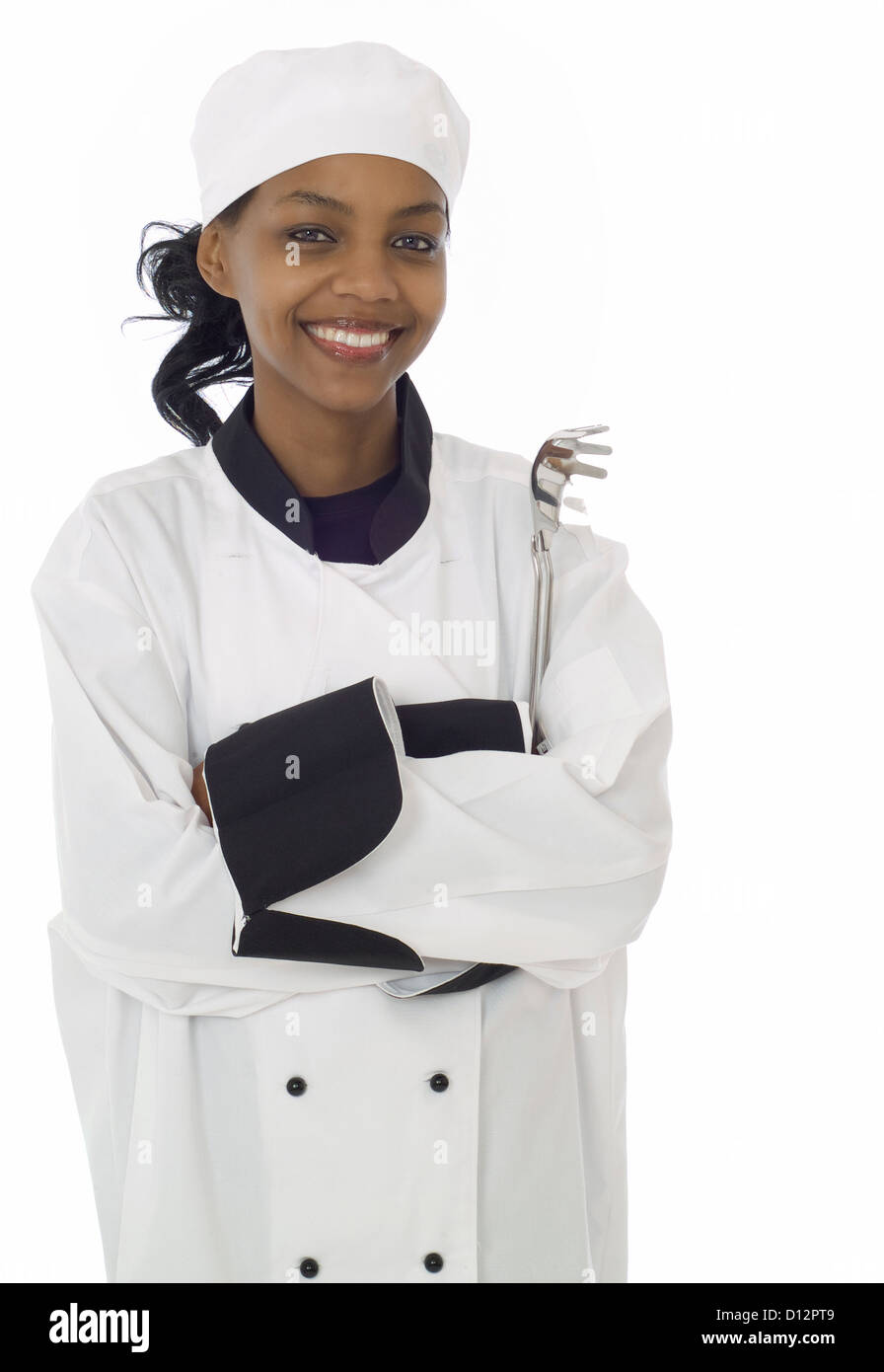 Female chef in work uniform with cooking utensil isolated on white ...