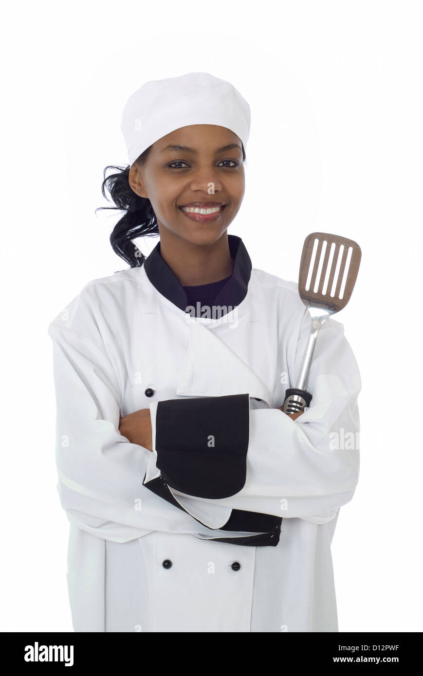 Female chef in work uniform with cooking utensil isolated on white ...