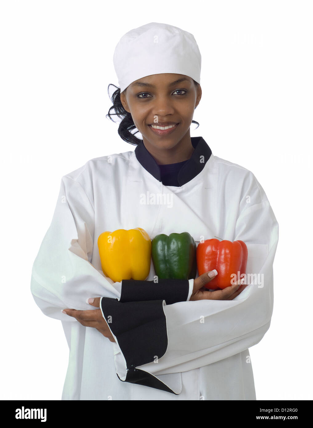Studio isolated woman female chef with red and yellow peppers on white ...