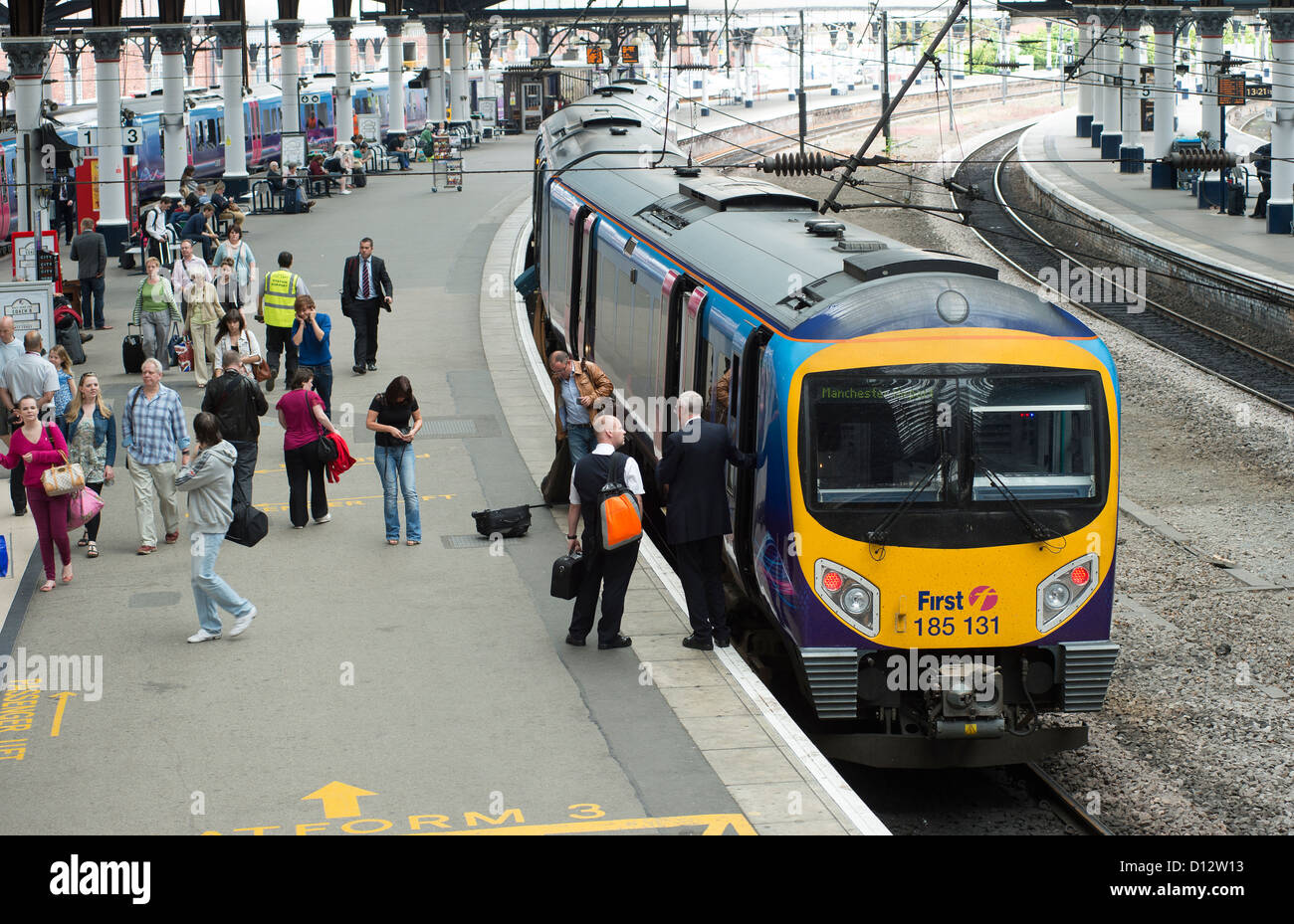 First Transpennine Express Class 185 passenger train waiting at a ...