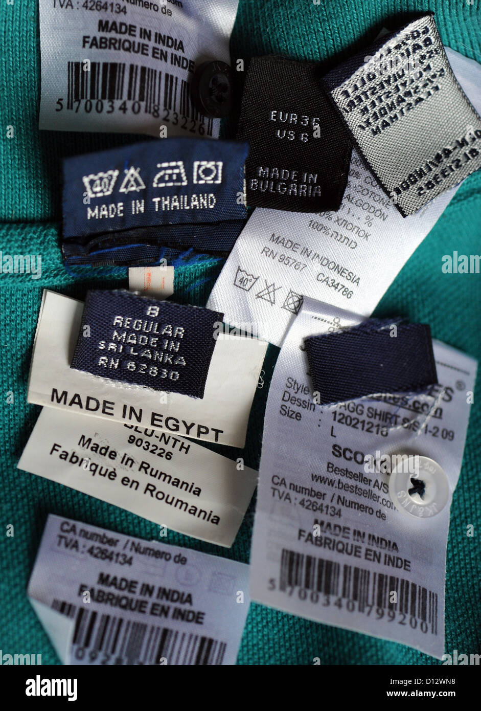 The illustration shows several clothing tags displayed on a t-shirt ...