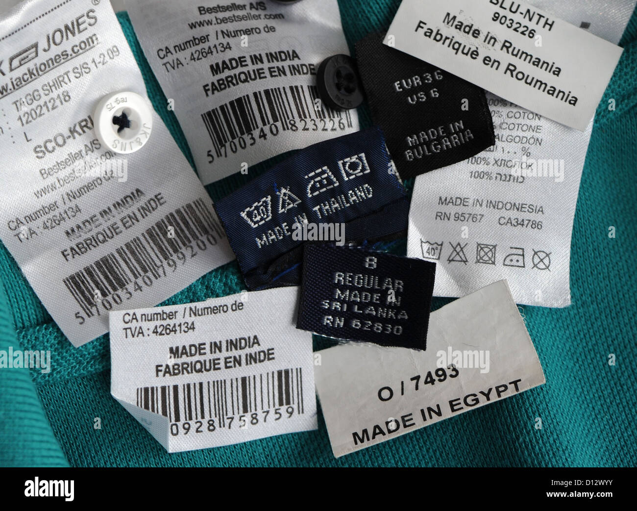 The illustration shows several clothing tags displayed on a t-shirt ...