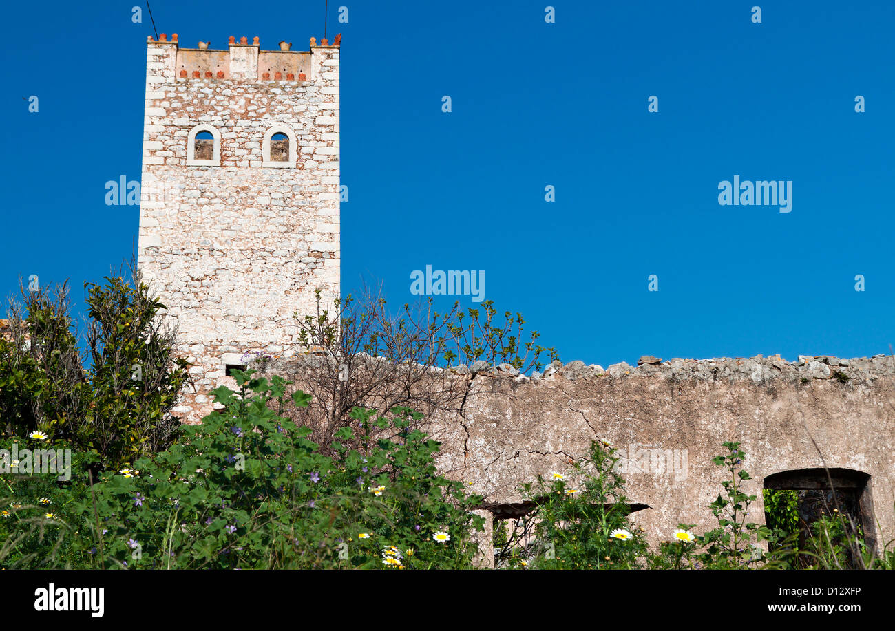Old traditional tower house at Areopoli village of Mani in Greece Stock ...