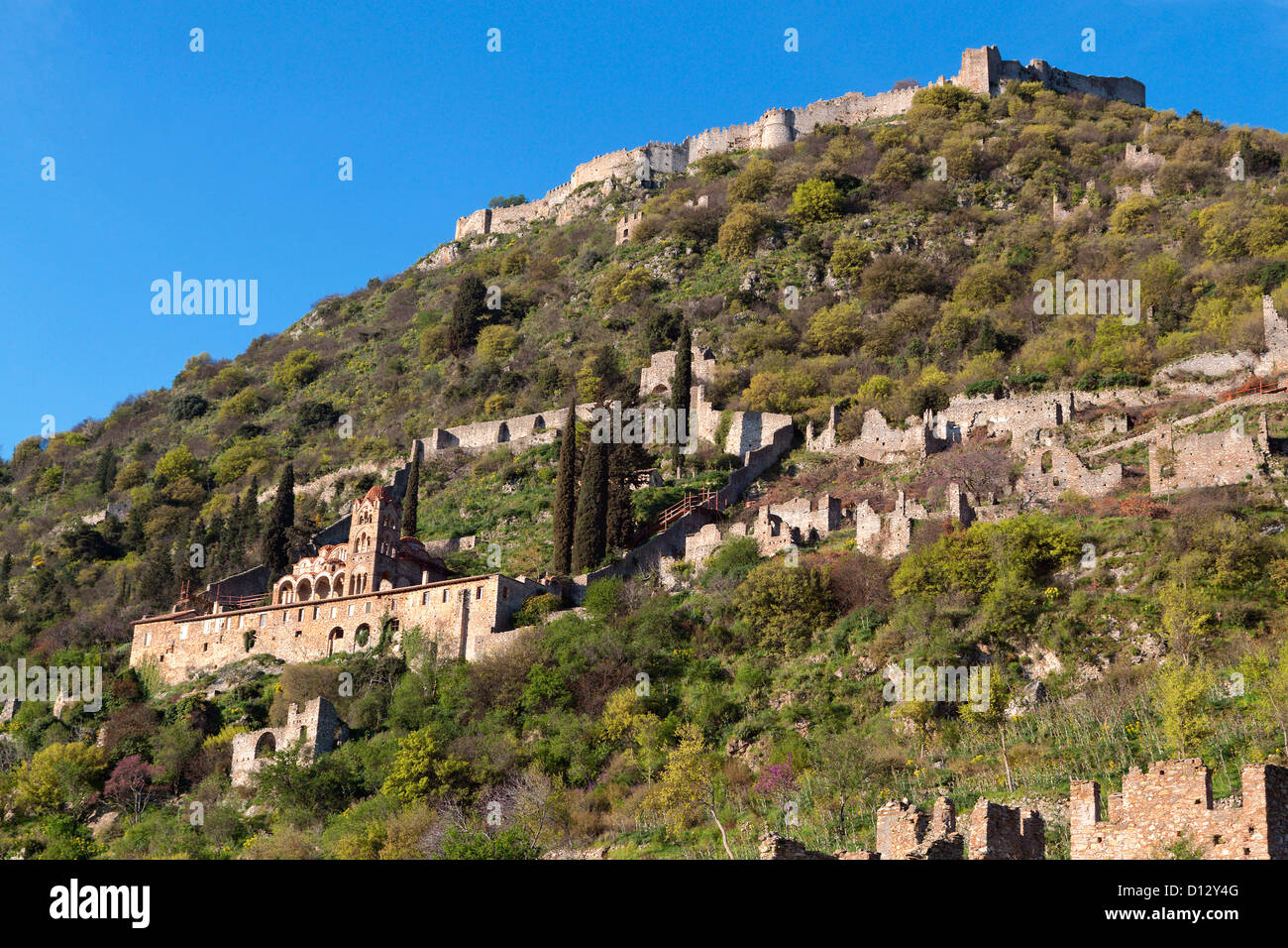 Castle of Vilearduin and fortified historical city of Mystras in Greece ...