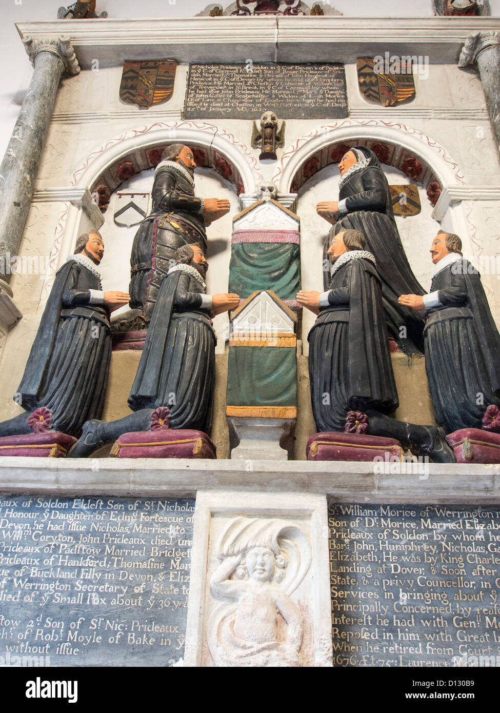 A memorial plaque to the Prideaux family in Padstow church, Cornwall ...