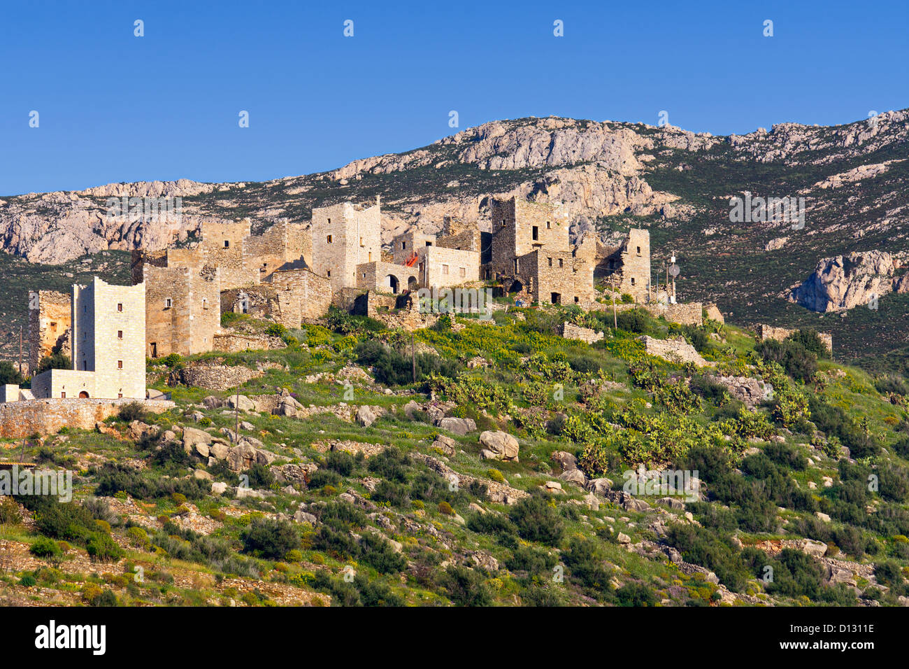 Old traditional tower house village of Vathia at Mani in Greece Stock ...