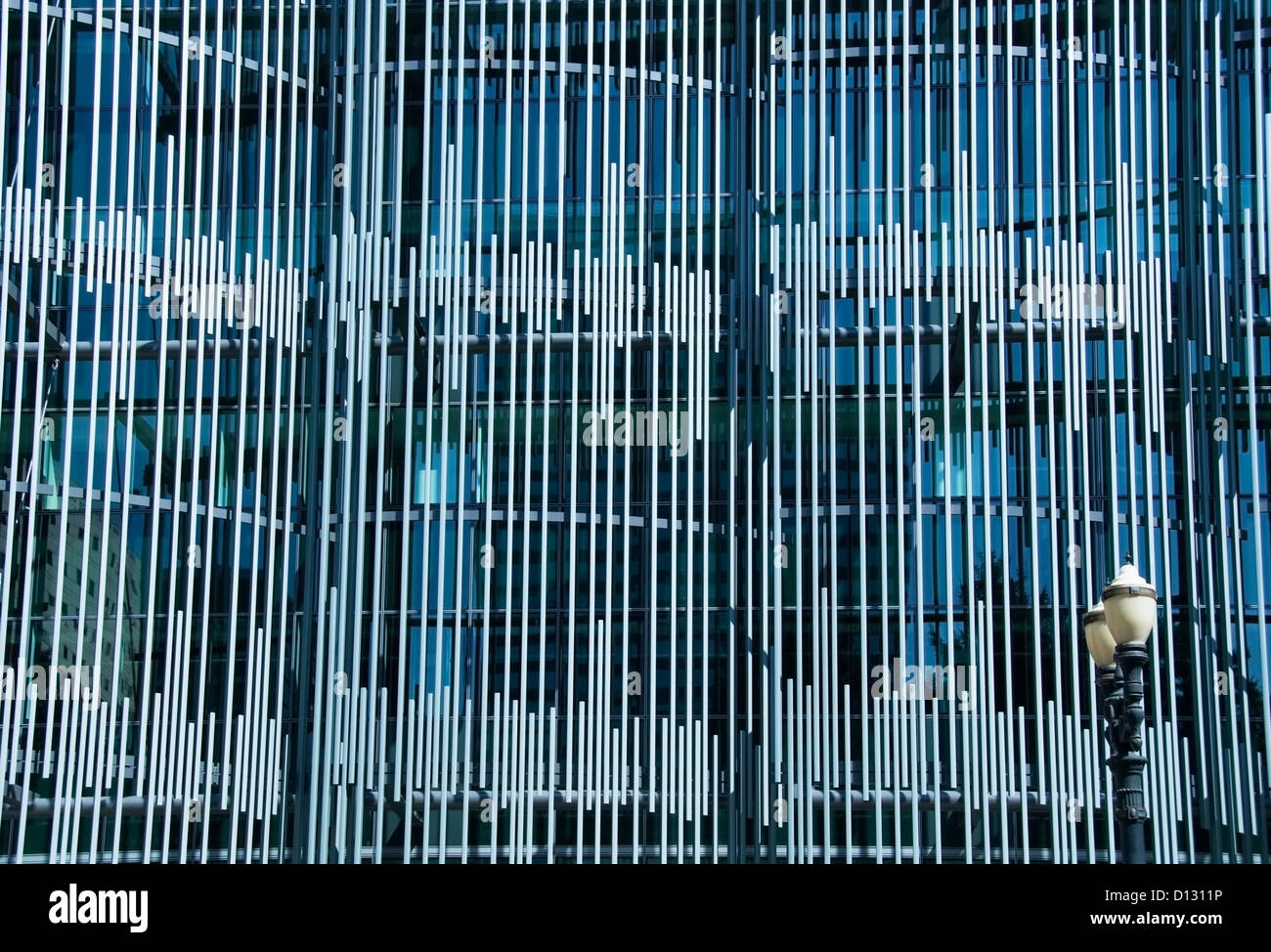 Gridded Building Facade With Antique Lamp Post In A Corner; Portland ...