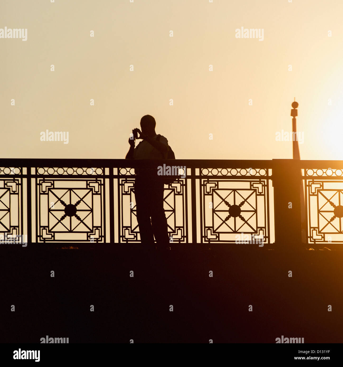 Silhouette Of A Person Standing At A Railing Taking A Picture With A ...