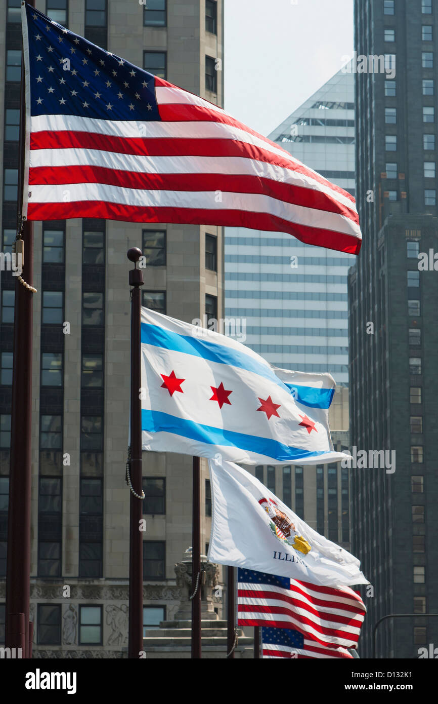 Flags Flying In A Row With Buildings In The Background; Chicago ...