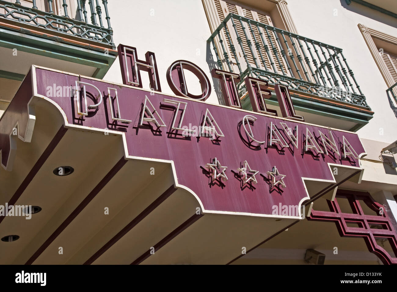 Neon sign on outside of Hotel Plaza Cavana, Nerja, Andalucia, Spain ...