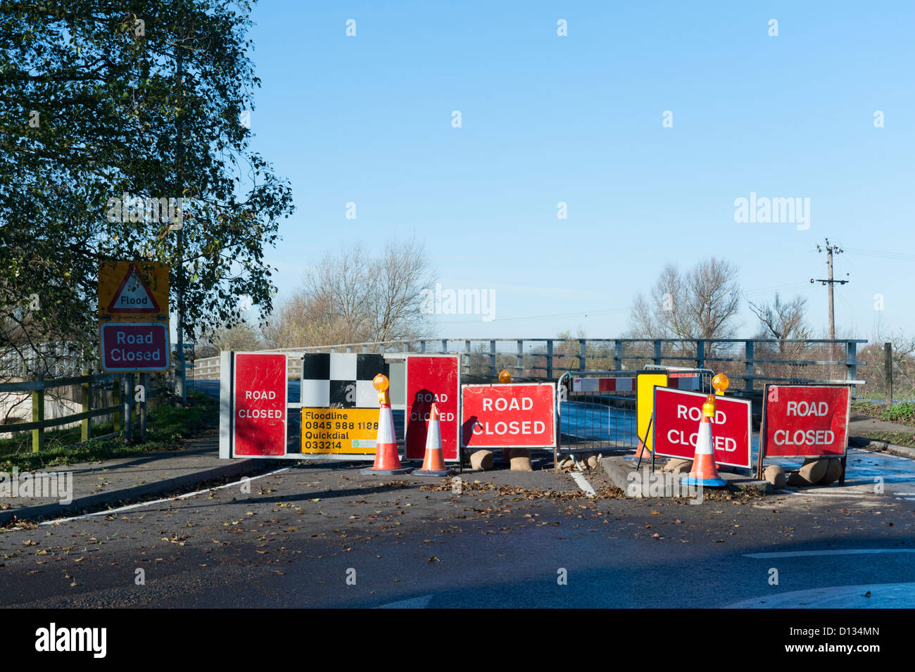 Road closed signs at Earith Cambridgeshire due to flooding. This is ...