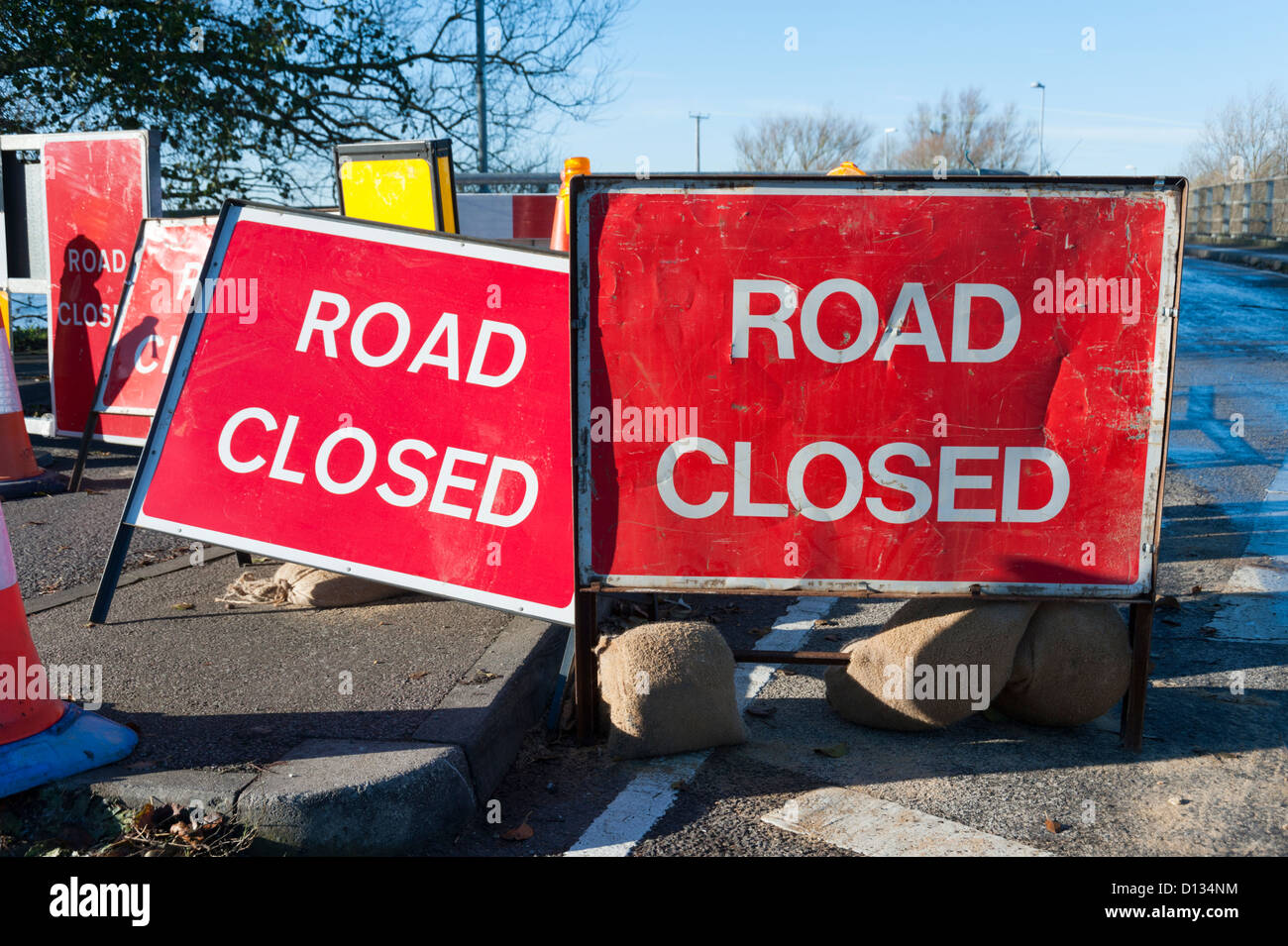 Road closed signs at Earith Cambridgeshire due to flooding. This is ...