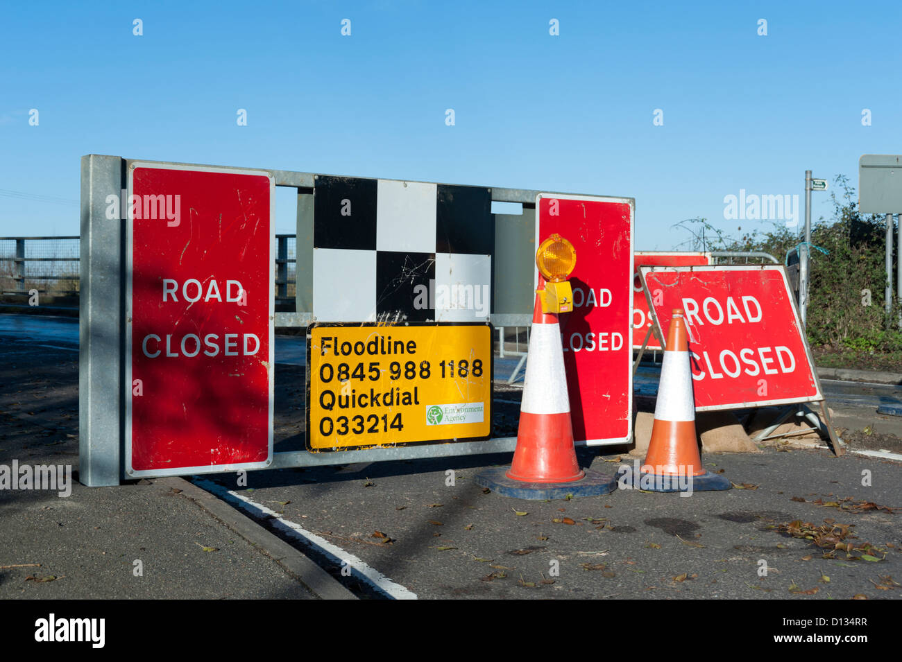 Road closed signs at Earith Cambridgeshire due to flooding. This is ...