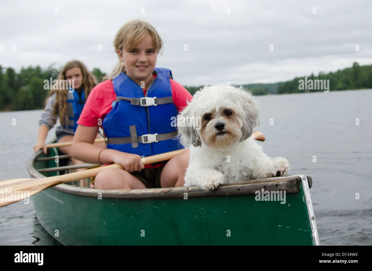 Two Girls In A Canoe With Their Pet Dog; Lake Of The Woods Ontario ...