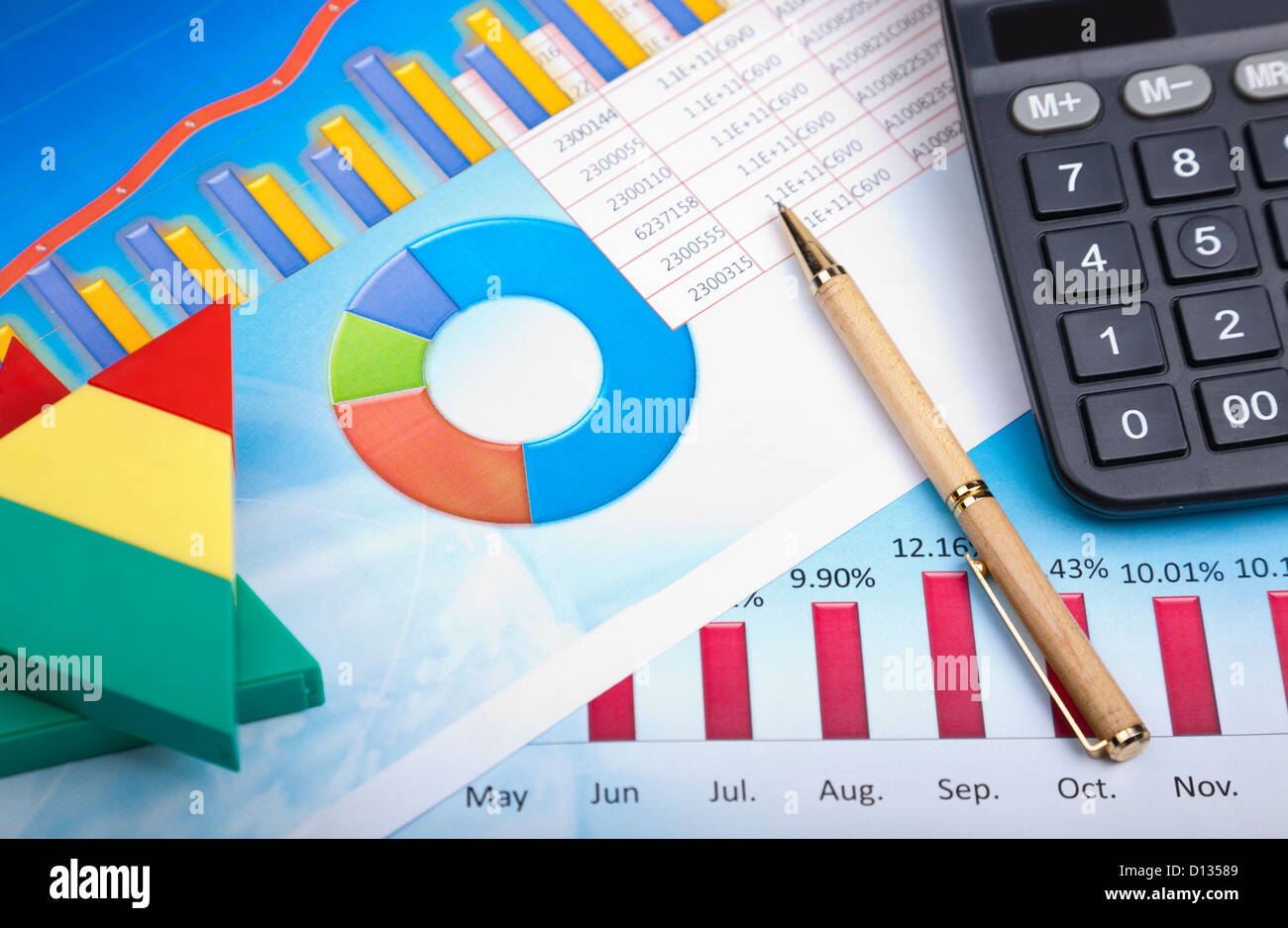 Financial report with ball pen and calculator Stock Photo - Alamy