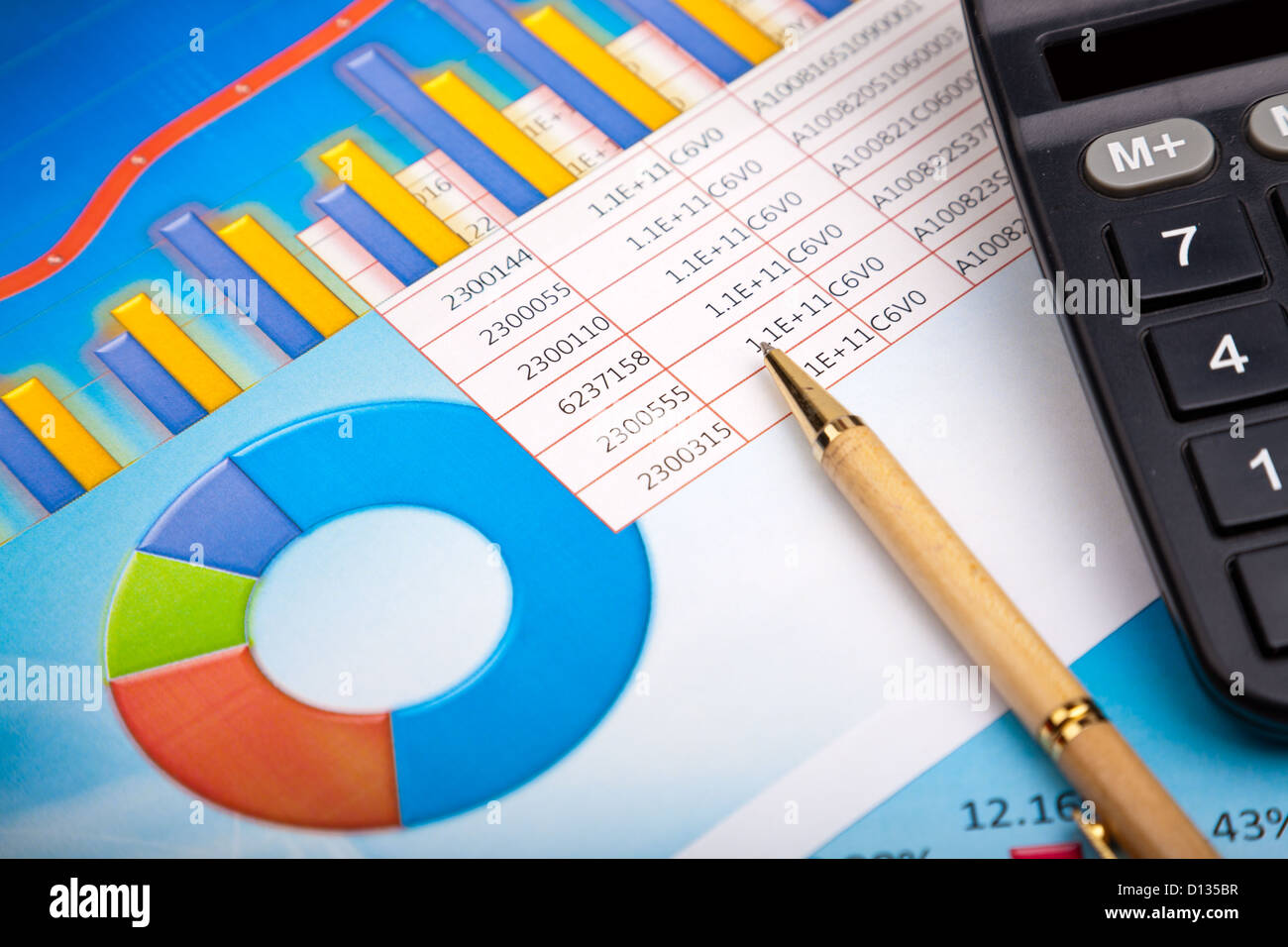 Financial report with ball pen and calculator Stock Photo - Alamy