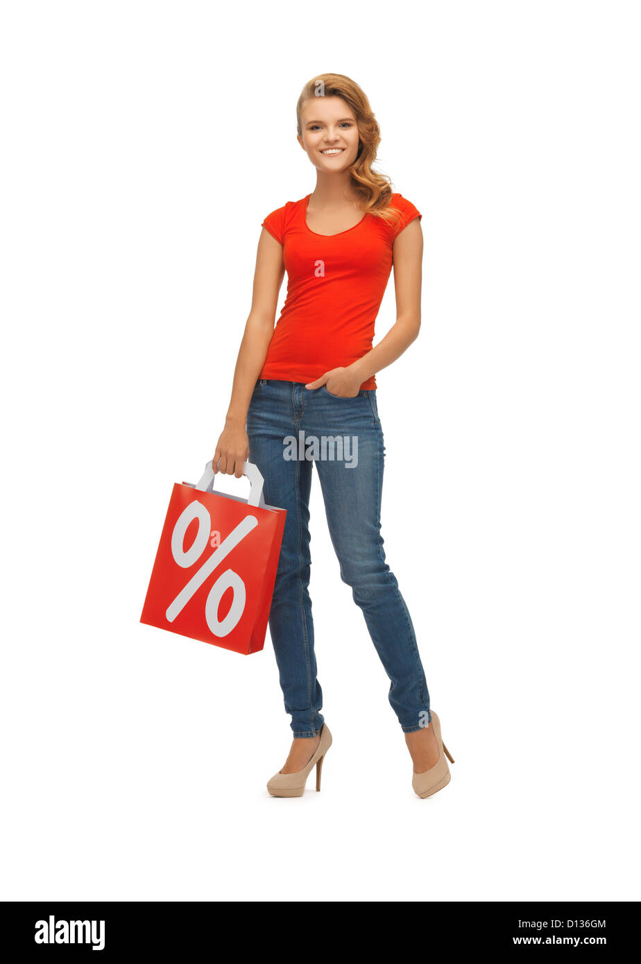 teenage girl in red t-shirt with shopping bag Stock Photo - Alamy