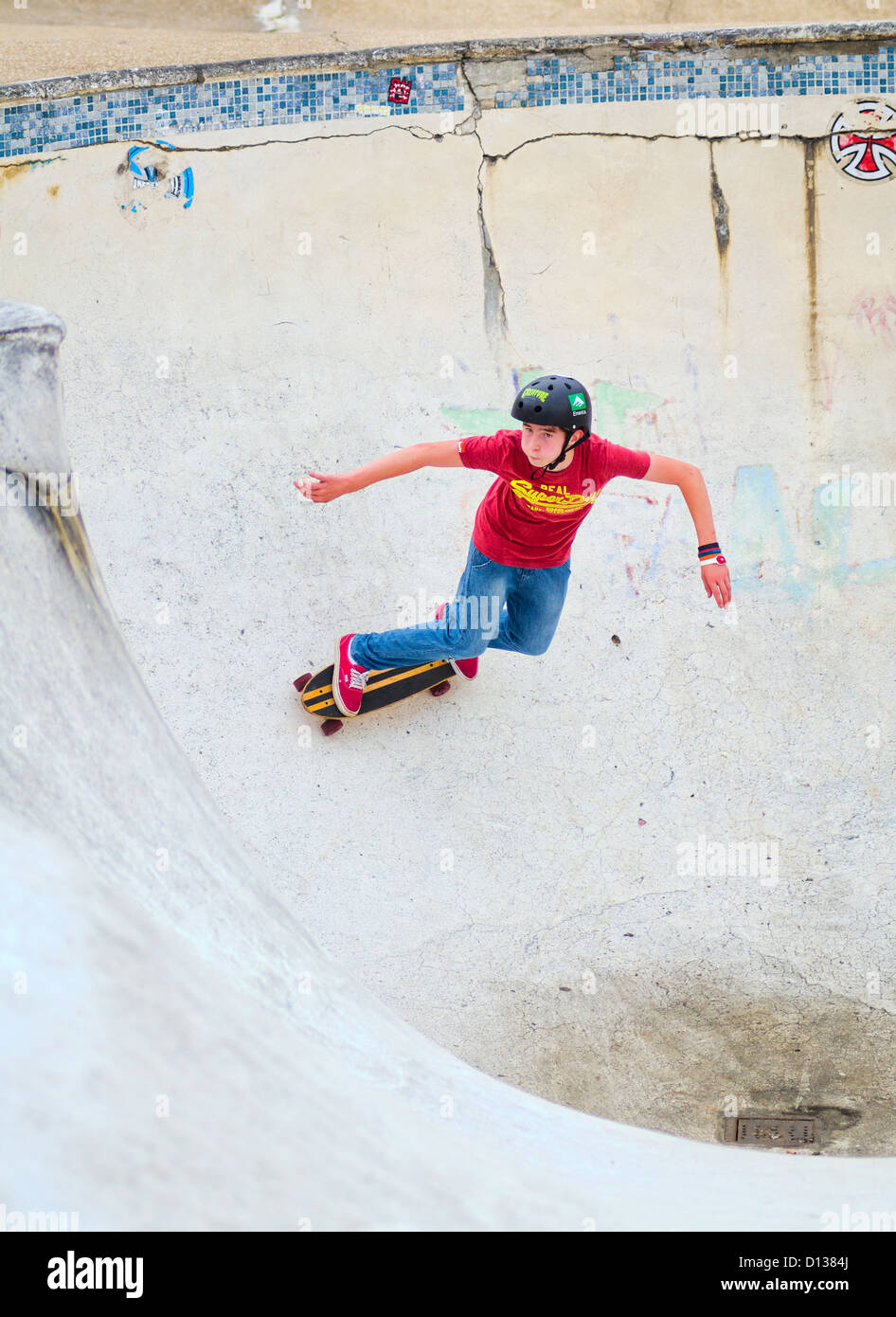 Teenager on Skateboard at The Rom Skateboard Park, Hornchurch, Essex ...