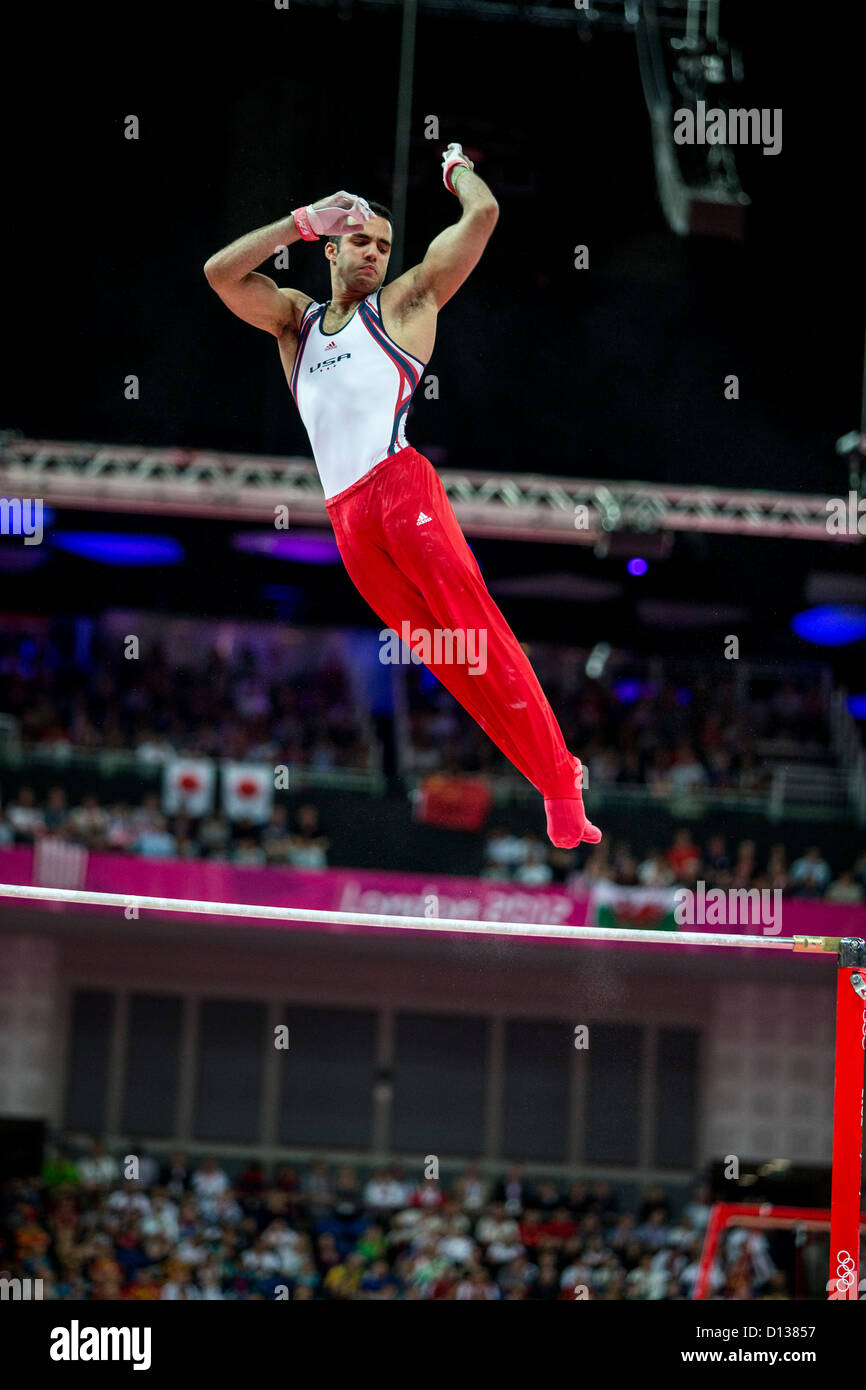 Danell Leyva (USA) competing on the horizontal bar during the men's ...