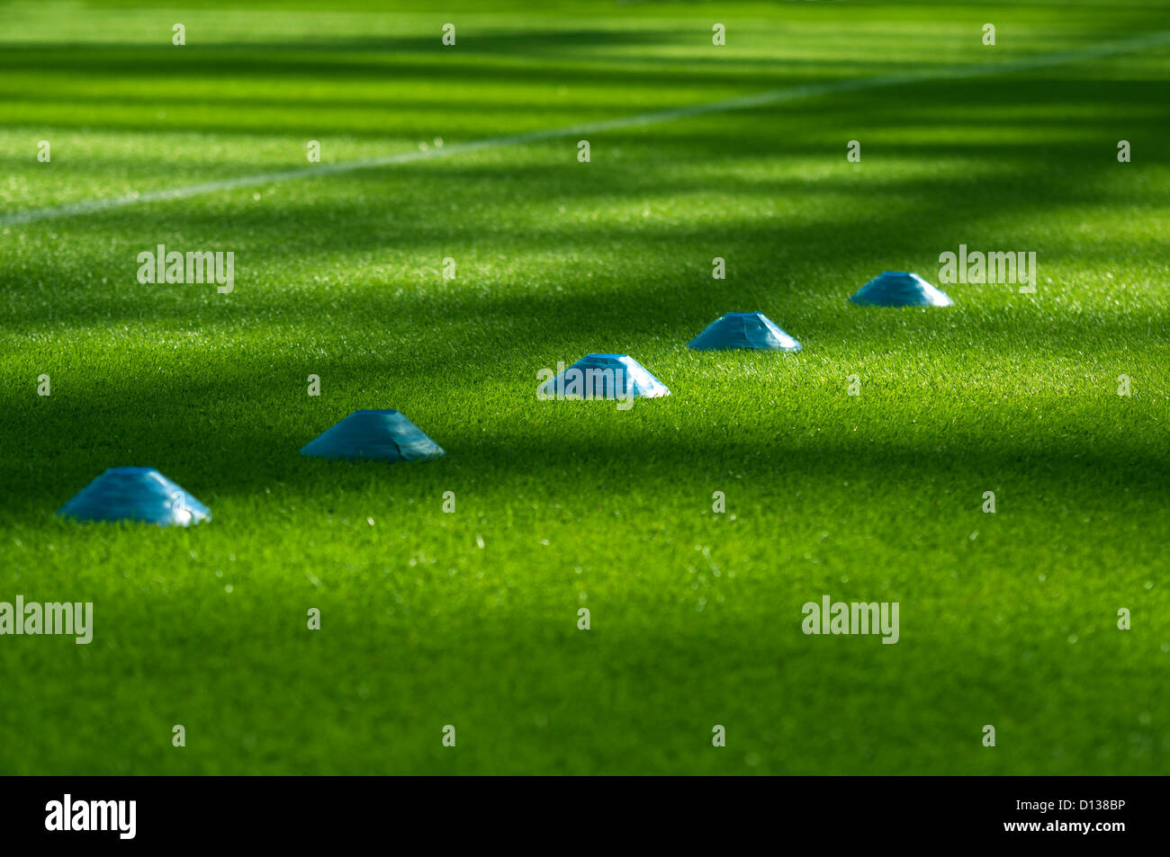 blue Sport equipment on green soccer pitch Stock Photo - Alamy