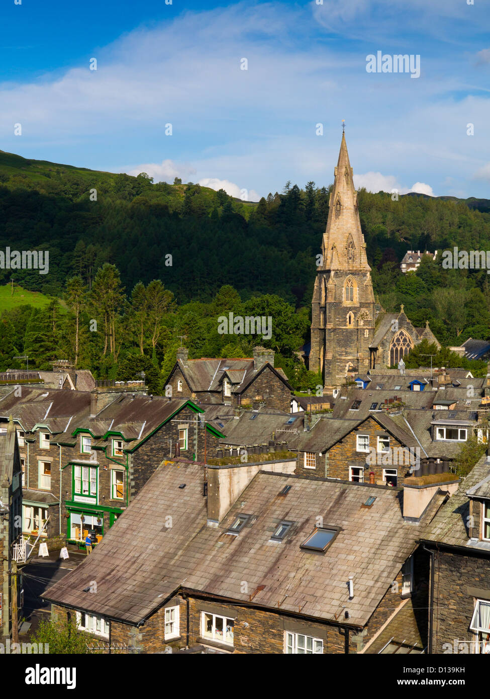 View across rooftops towards the church in Ambleside Cumbria Lake ...