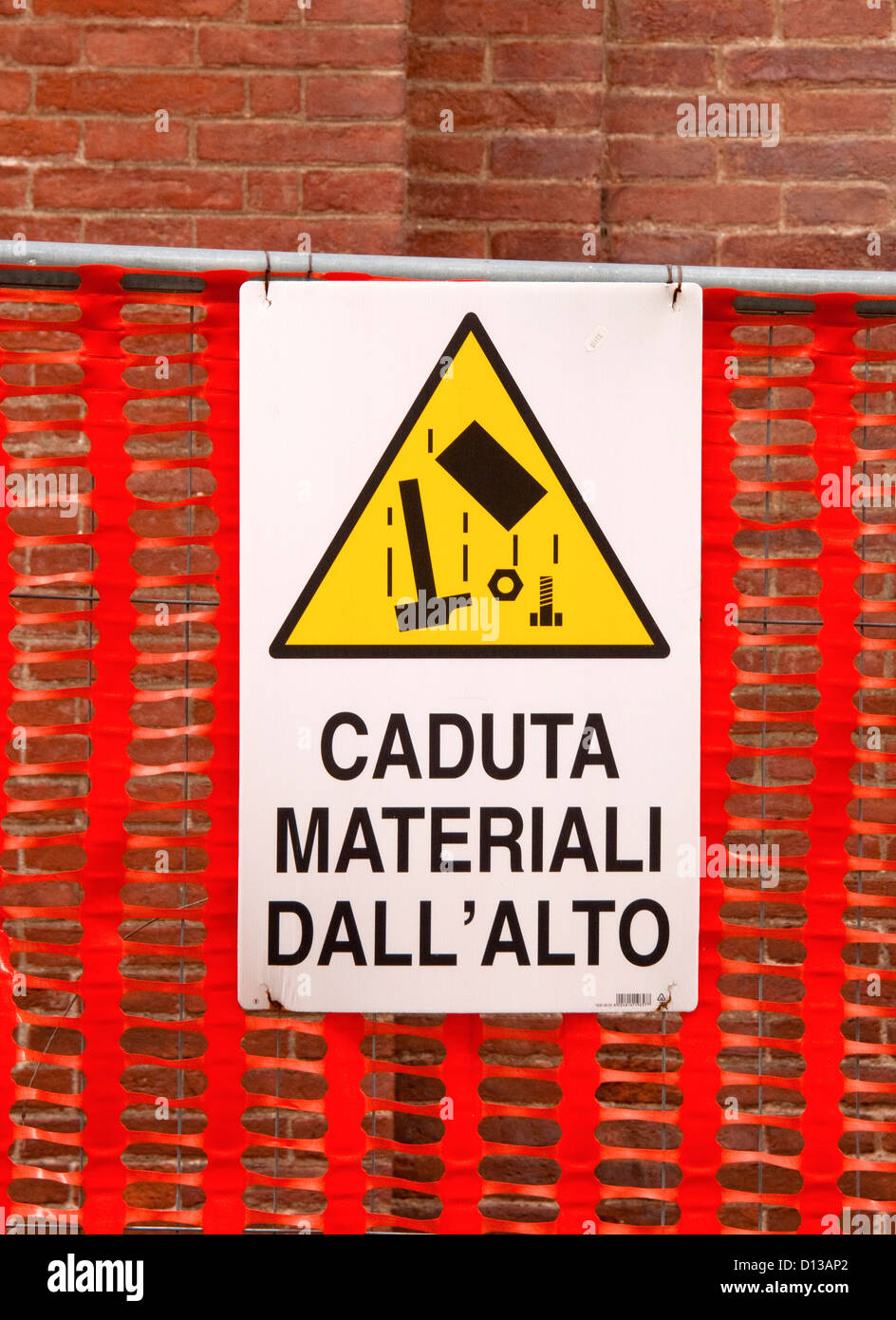 Caution sign for falling material in Italian, Vicenza, Italy Stock ...