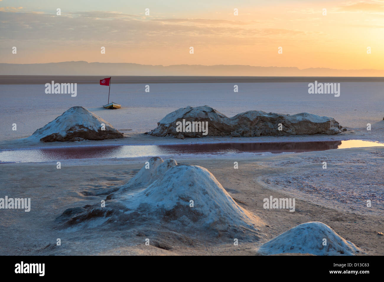 Salt lake Chott el Jerid in central Tunisia. Morning sunrise in ...