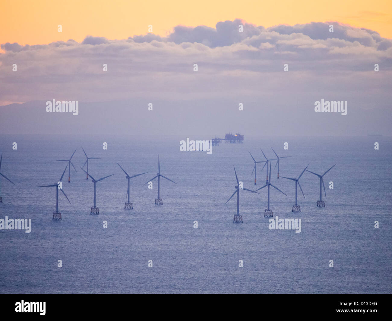 An Irish sea gas platform and wind turbines in the Irish sea from Black ...