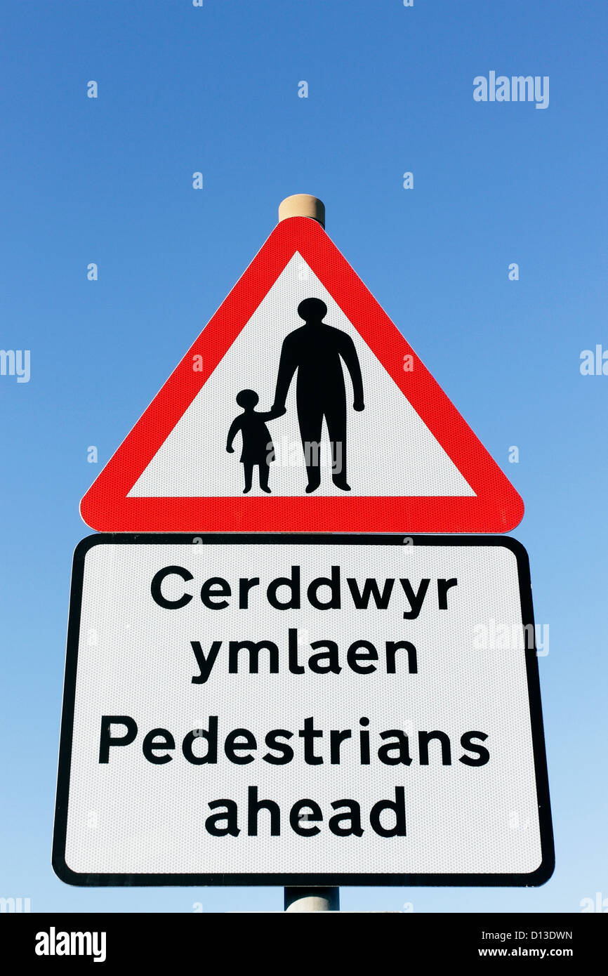 A Bi-lingual road sign in Welsh and English warning of pedestrians ...