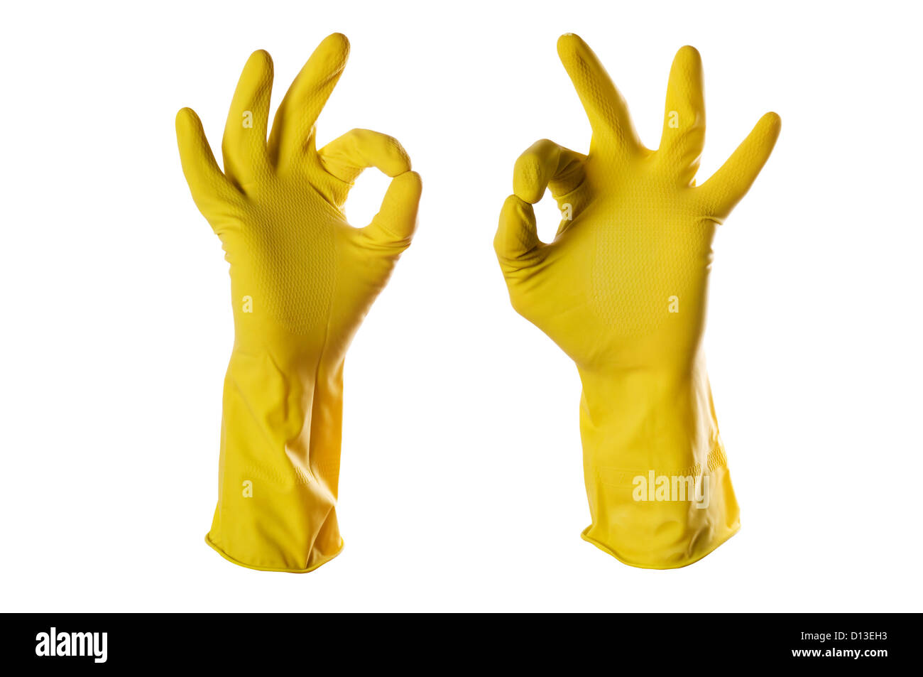 ok sign yellow rubber gloves on white with clipping path Stock Photo ...