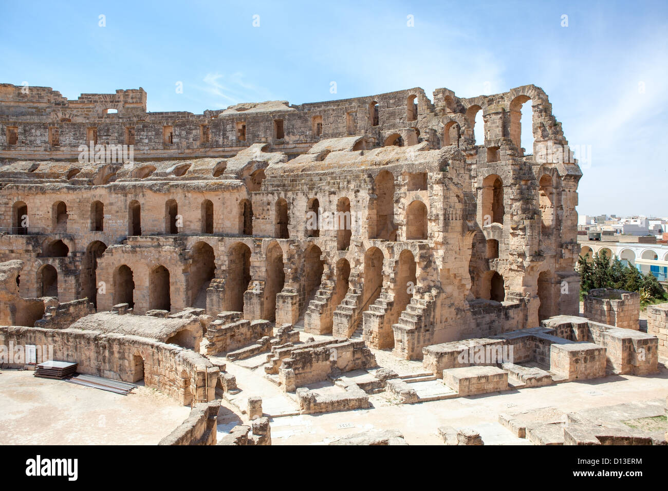 Ruins of demolished ancient Tunisian amphitheater in El Djem, Tunisia ...