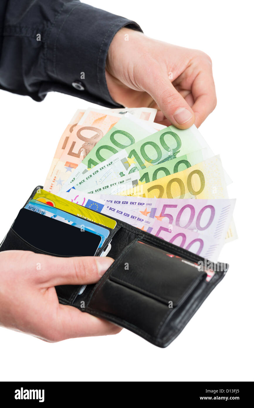 Male hands pulling out 100 Euro from wallet over white background Stock ...