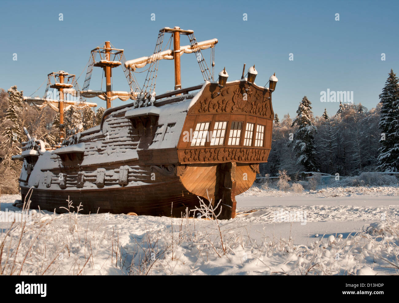 Vintage sail ship stern snow covered on a sunny day Stock Photo - Alamy