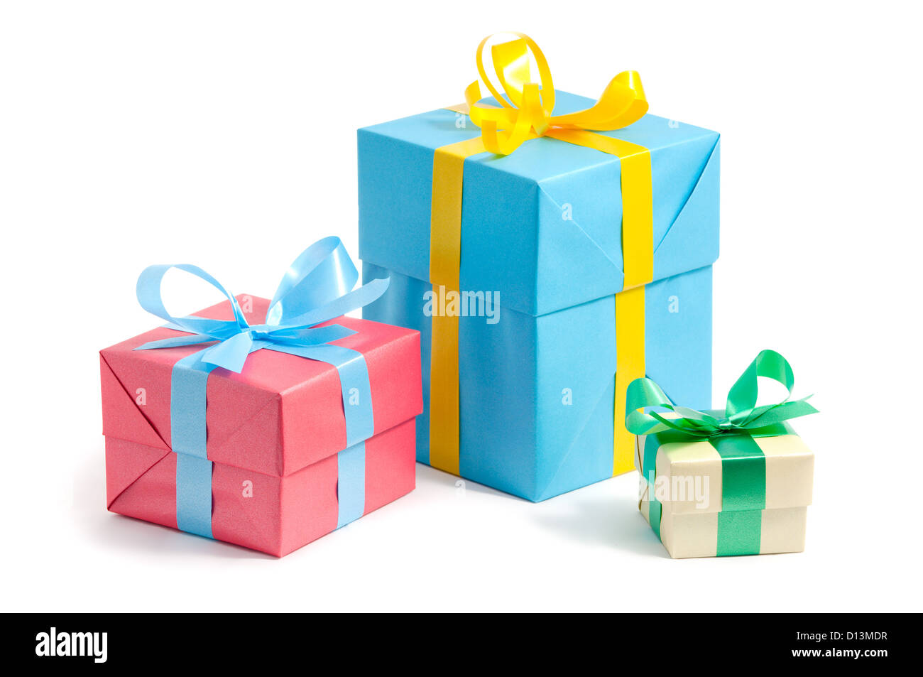 color gift boxes on white background Stock Photo - Alamy