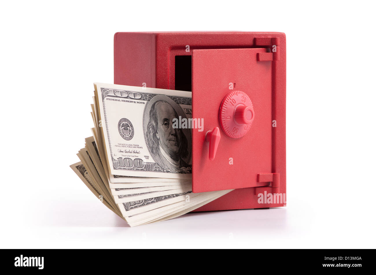 little red safe with the door open and a stack of dollar bills Stock ...