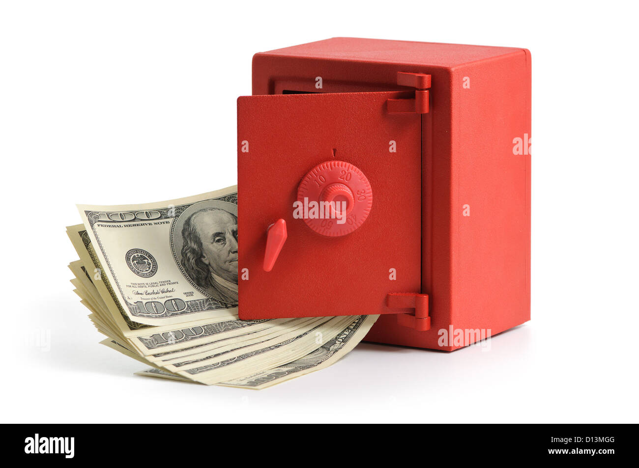 little red safe with the door open and a stack of dollar bills Stock ...