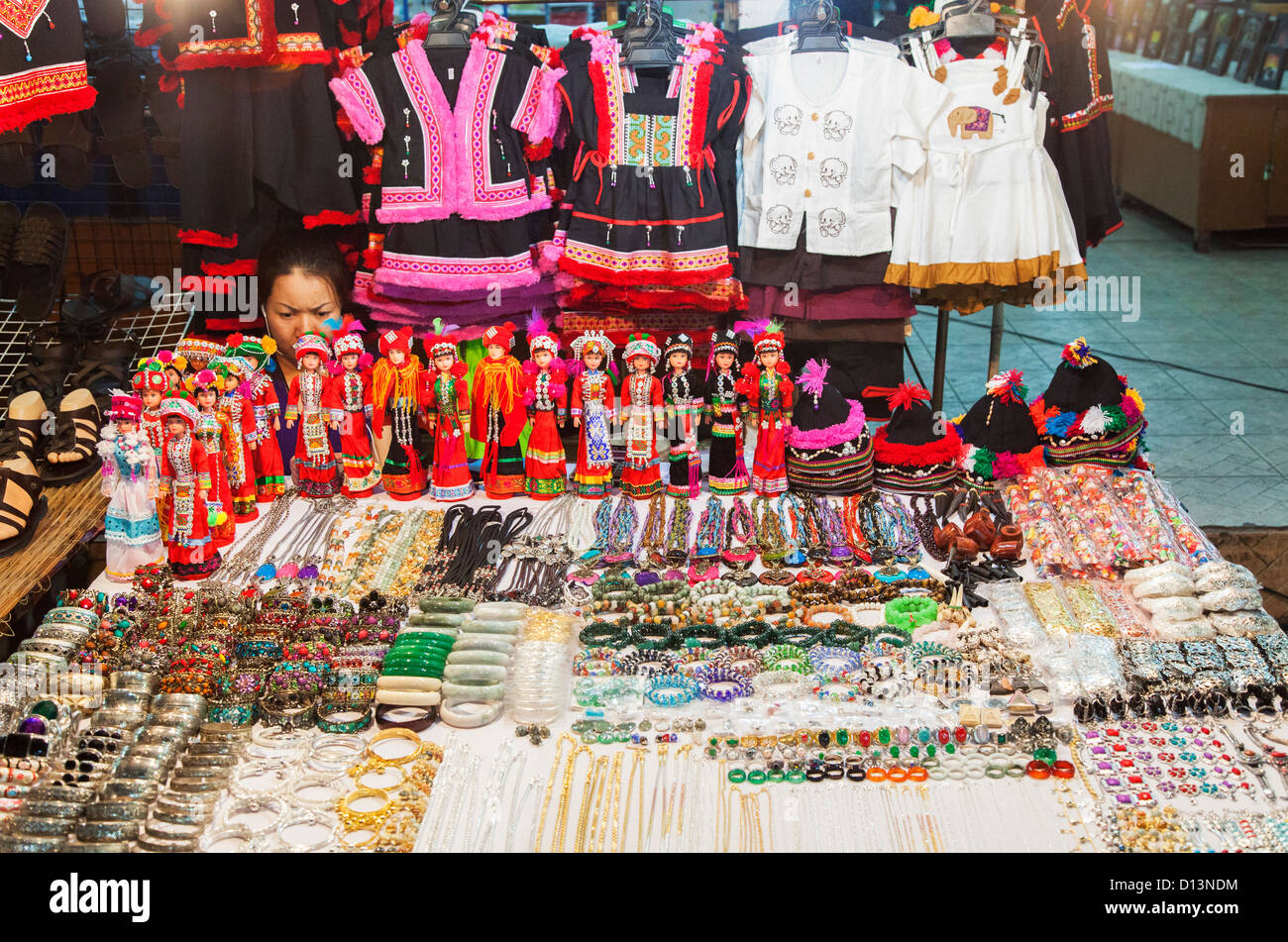 Stall at night market in Chiang Rai, northern Thailand selling dolls ...