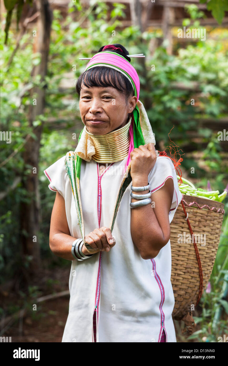 Woman longneck member of Karen Padong hilltribe village near Chiang Rai ...