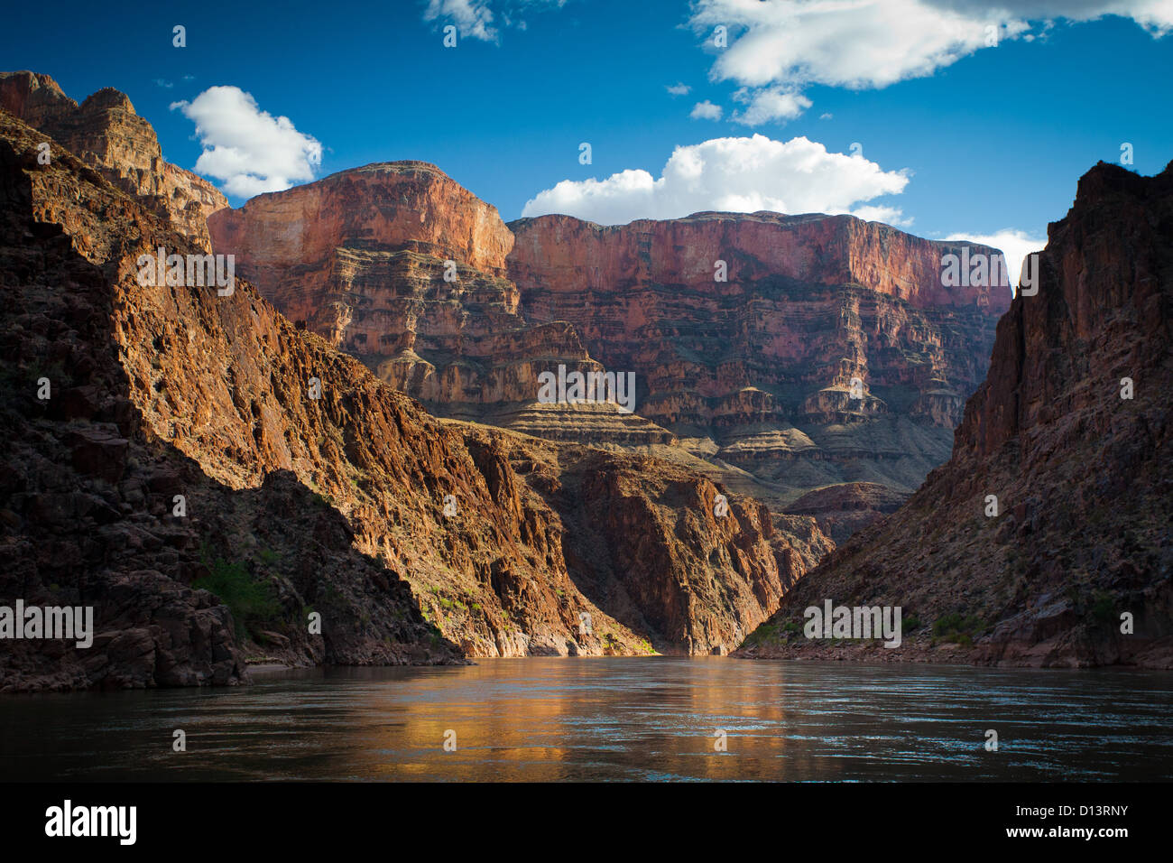 View of the canyon walls of the Grand Canyon seen from a raft on the ...