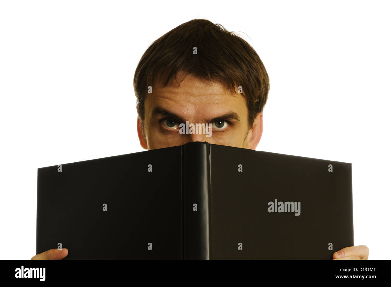 man behind the open book on white background Stock Photo - Alamy