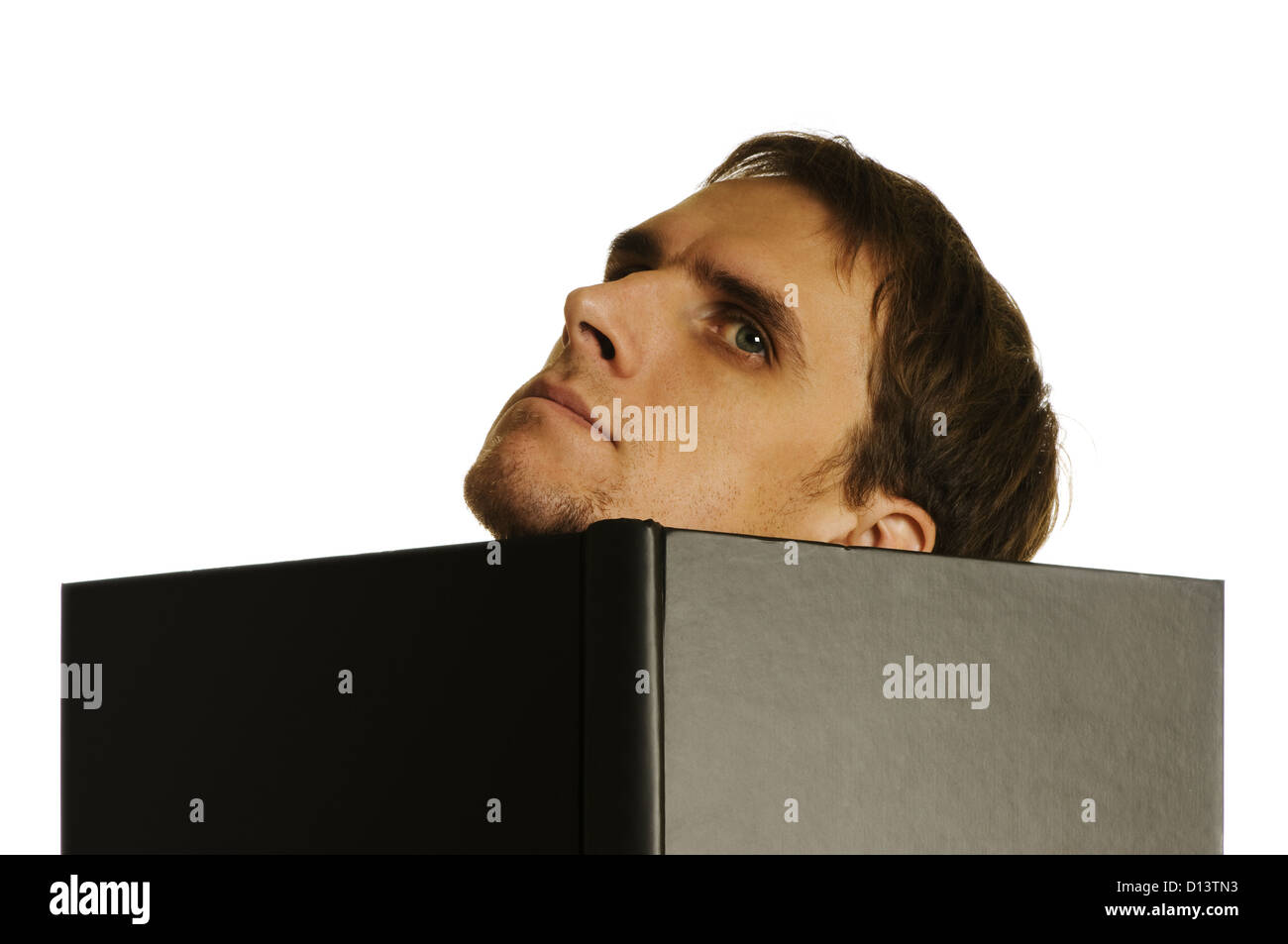 man behind the open book on white background Stock Photo - Alamy