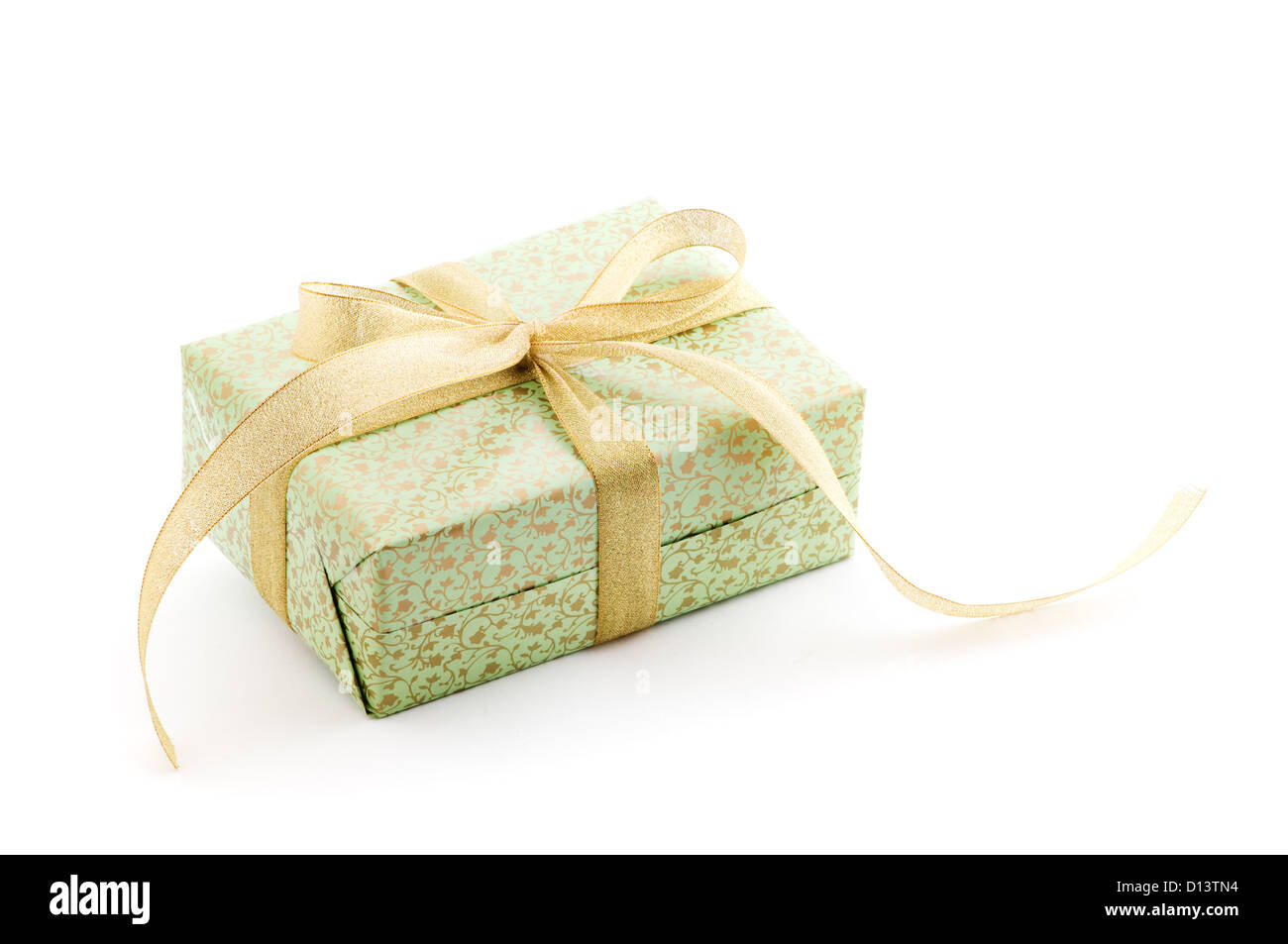green gift box with gold ribbon Stock Photo - Alamy