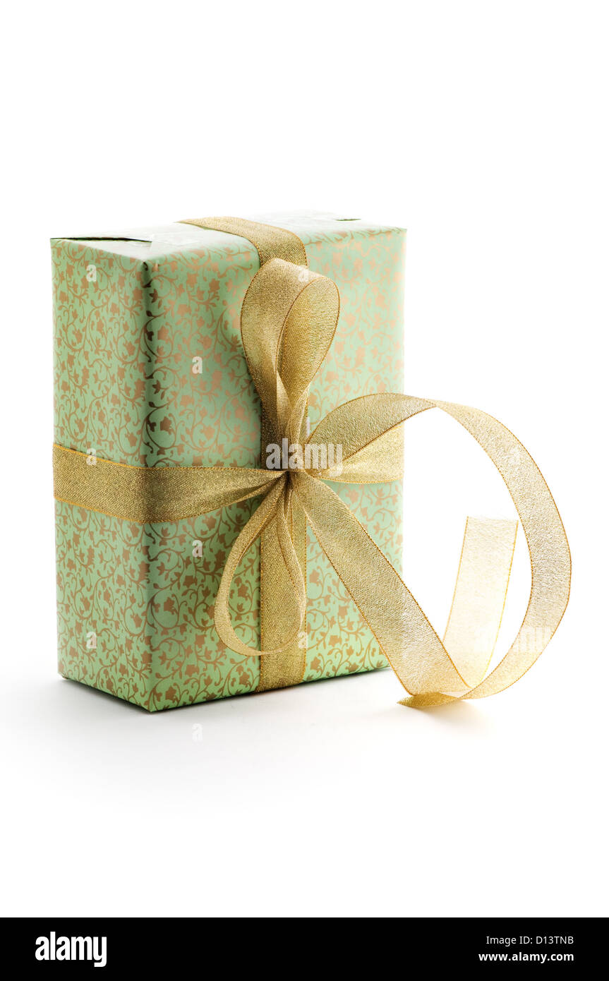 green gift box with gold ribbon Stock Photo - Alamy