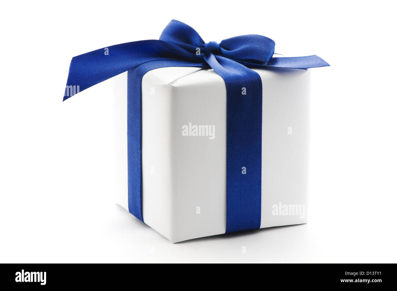 white gift box with blue ribbon Stock Photo - Alamy