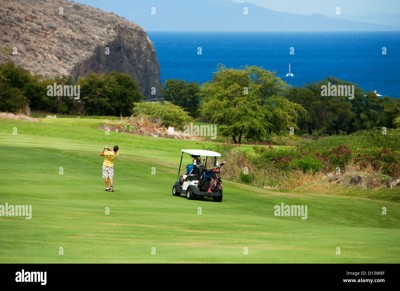 Hawaii, Lanai, Man Playing Golf At The Challenge At Manele Golf Course ...