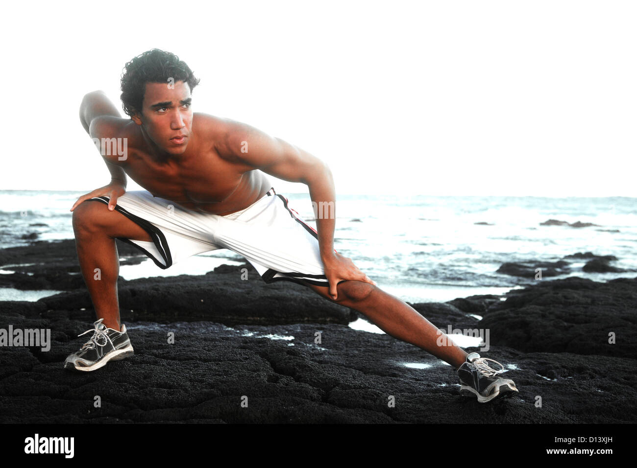 Hawaii, Oahu, Athletic Male Excercising On The Beach Stock Photo - Alamy